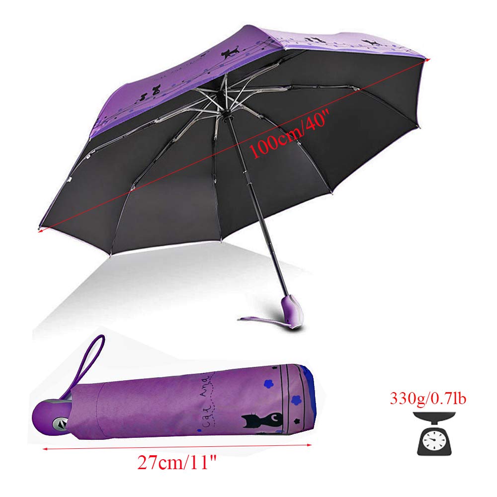 umbresen Windproof Compact Travel Folding Cute Cat Umbrella,Auto Open Close Rain&Sun Lightweight Portable Umbrellas with Cover for Kids Women Men (Purple)