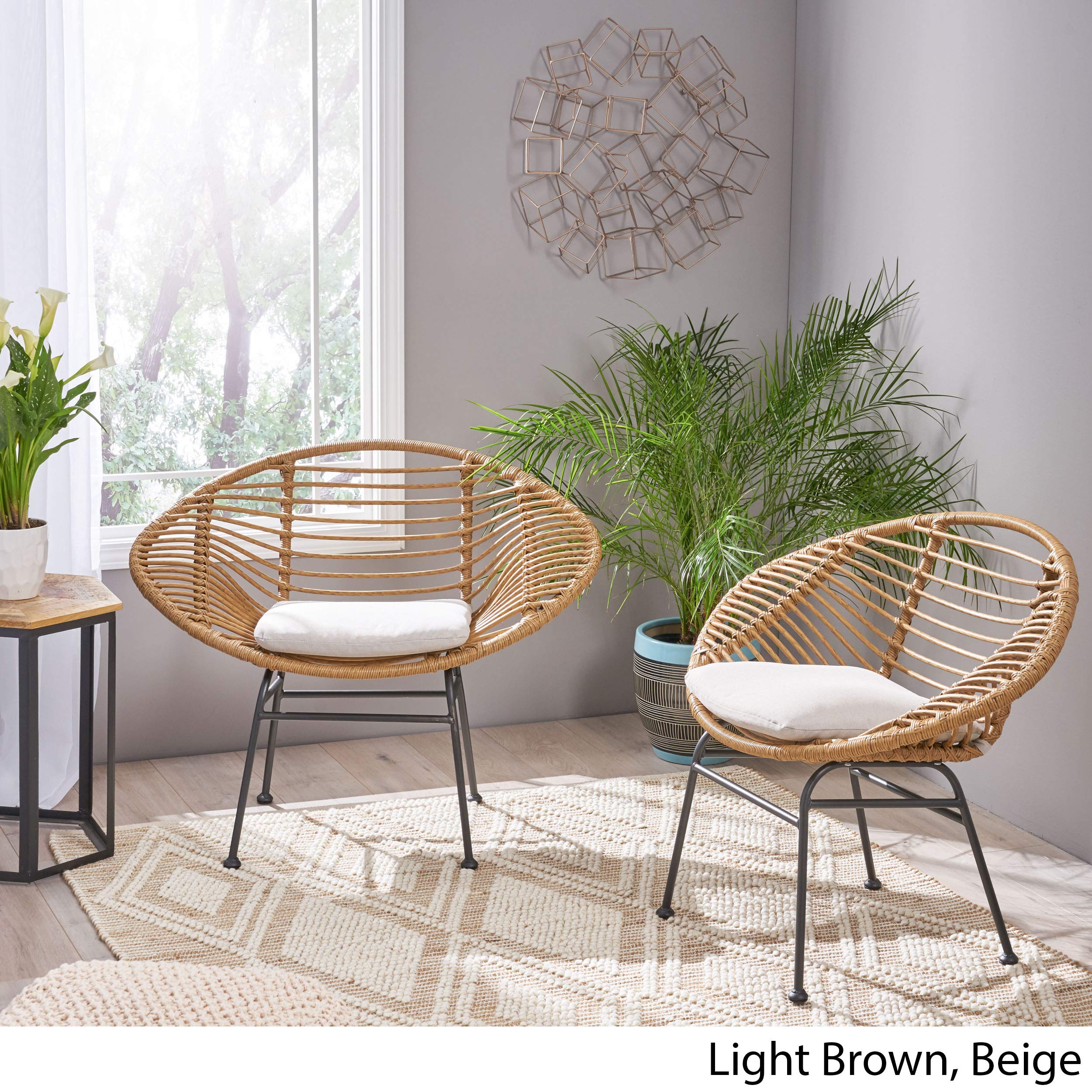 Christopher Knight Home Aleah Indoor Woven Faux Rattan Chairs with Cushions (Set of 2), Light Brown and Beige Finish