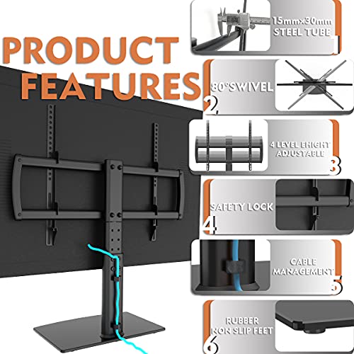 Universal Swivel TV Stand/Base Table Top TV Stand 32 to 70 inch TVs 80 Degree Swivel, 4 Level Height Adjustable, Heavy Duty Tempered Glass Base, Holds up to 88lbs Screens, HT04B-002U