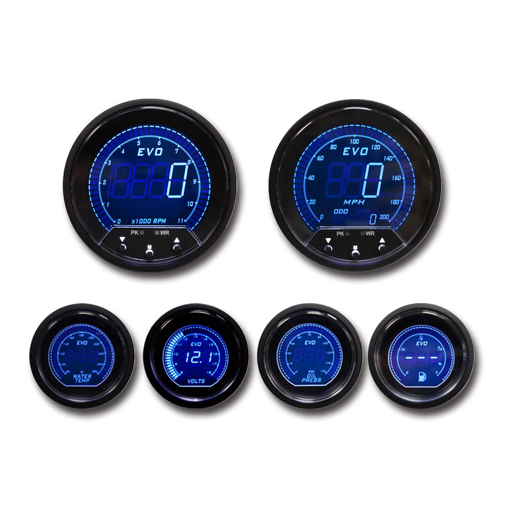 MOTOR METER RACING EVO Series Digital 6 Gauge Set - Blue & Red Switchable LED - 3-3/8" 85mm GPS Speedometer & Tachometer - 2-1/16" 52mm Voltage, Fuel Level, Water Temperature & Oil Pressure