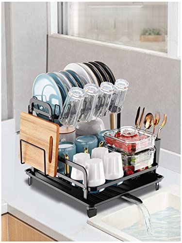 pretysnow Dish Drying Rack with Drainboard - 2 Tier Dish Racks for Kitchen Counter, Large Dishes Drainer with Auto Drainage, Carbon Steel Disk Strainer Set, Black