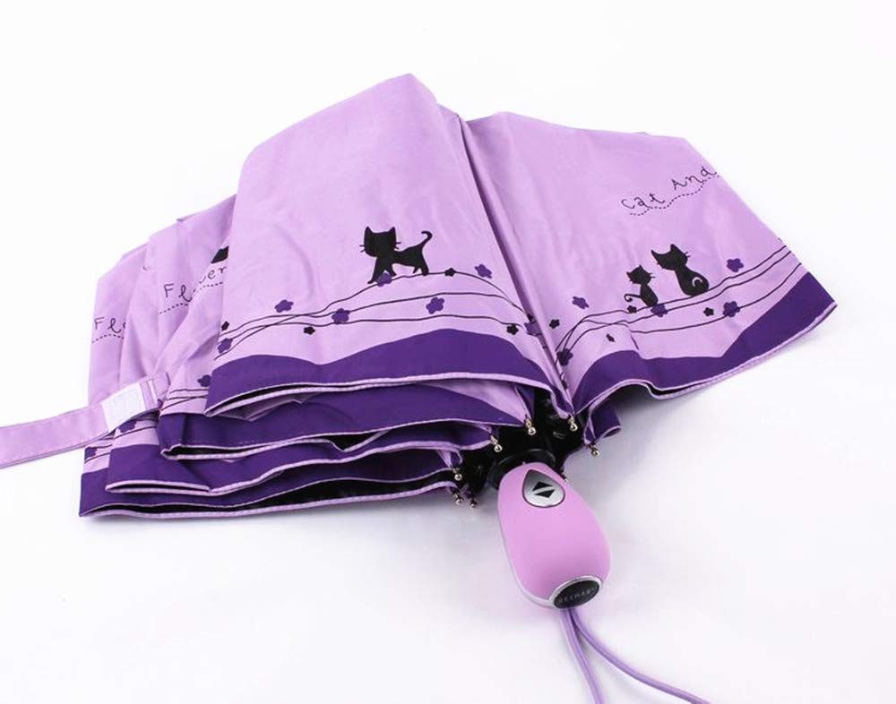 umbresen Windproof Compact Travel Folding Cute Cat Umbrella,Auto Open Close Rain&Sun Lightweight Portable Umbrellas with Cover for Kids Women Men (Purple)