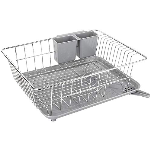 WHITGO Dish Drying Rack with Drain Board, Stainless Steel Dish Drainer Drying Rack with Utensil Holder for Kitchen Counter, Dish Drain Rack with One Cleaning Cloth