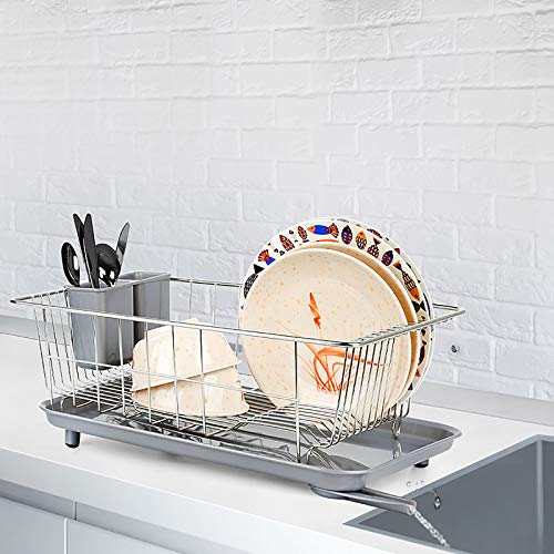 WHITGO Dish Drying Rack with Drain Board, Stainless Steel Dish Drainer Drying Rack with Utensil Holder for Kitchen Counter, Dish Drain Rack with One Cleaning Cloth