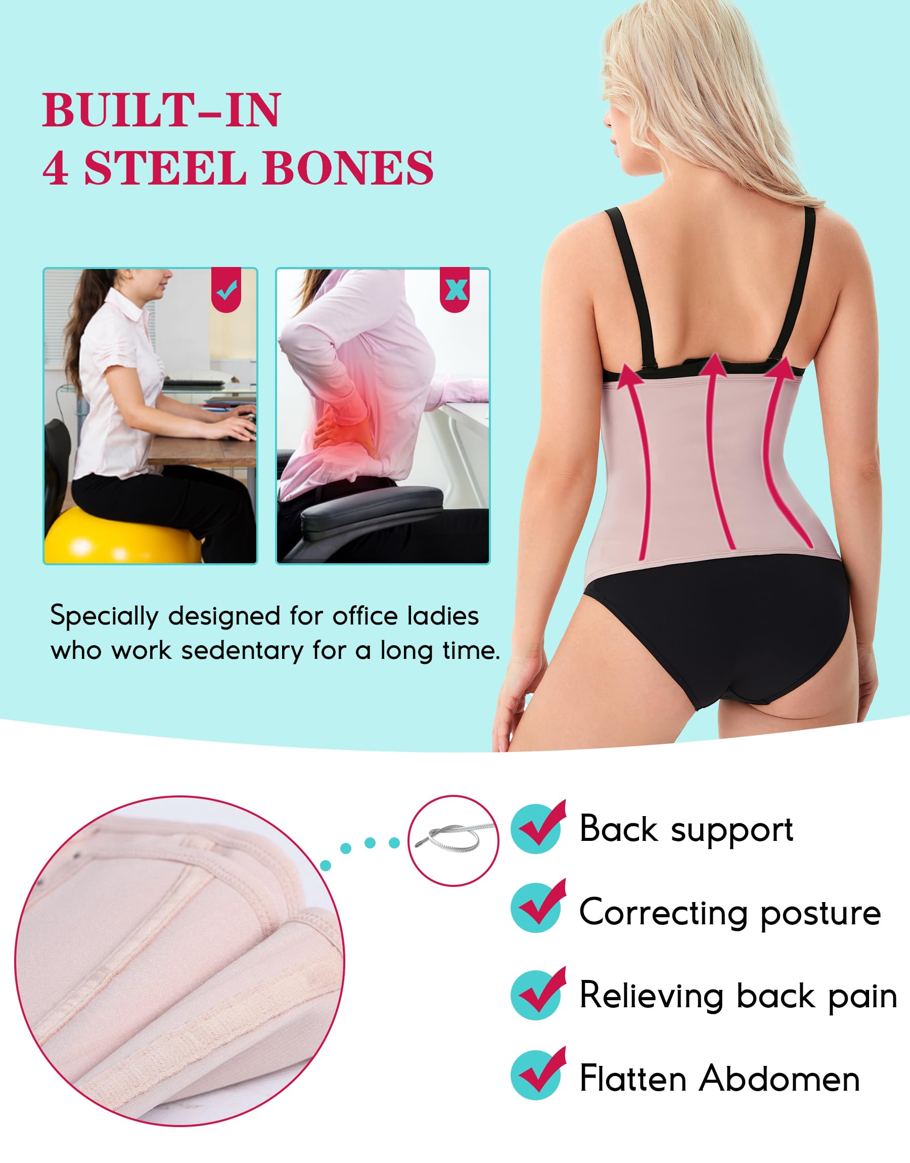 LODAY Waist Trainer Corset for Women Tummy Control Sport Workout Body Shaper Beige (XS, Beige(Zip and Hooks))