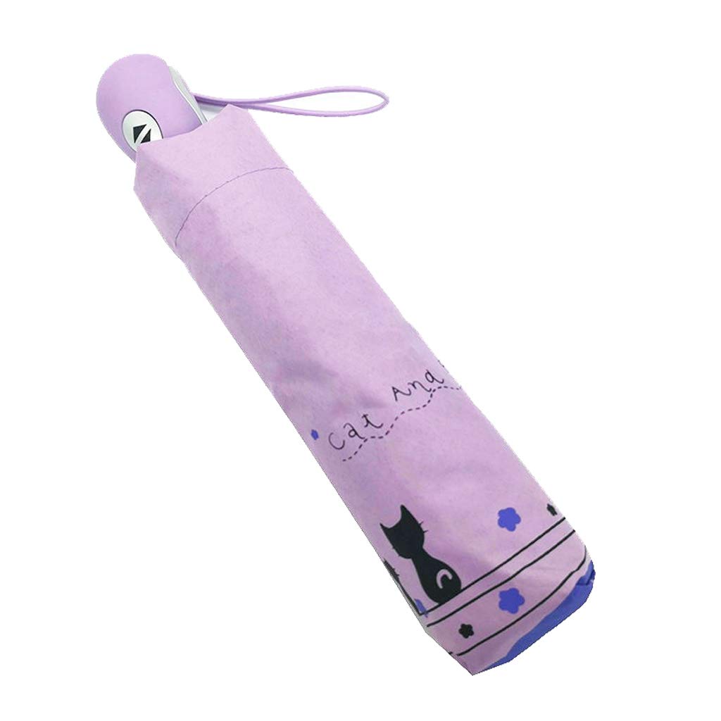 umbresen Windproof Compact Travel Folding Cute Cat Umbrella,Auto Open Close Rain&Sun Lightweight Portable Umbrellas with Cover for Kids Women Men (Purple)