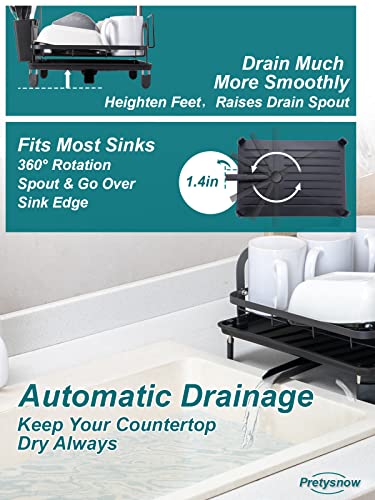 pretysnow Dish Drying Rack with Drainboard - 2 Tier Dish Racks for Kitchen Counter, Large Dishes Drainer with Auto Drainage, Carbon Steel Disk Strainer Set, Black