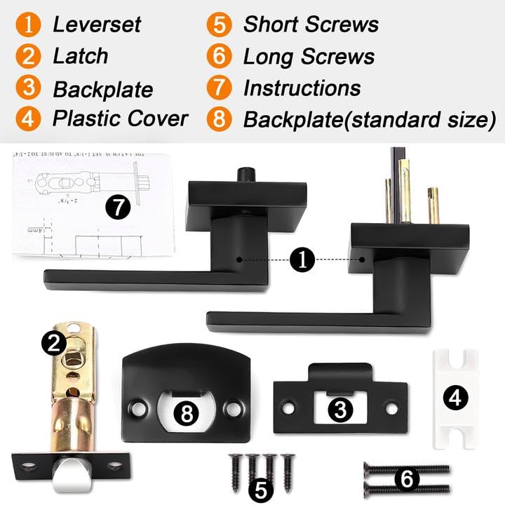 Probrico Matte Black Passage Door Levers Square Hall Closet Handles, Heavy Duty Interior Non-Locking Lever Sets, Reversible for Right & Left Side, 5 Pack