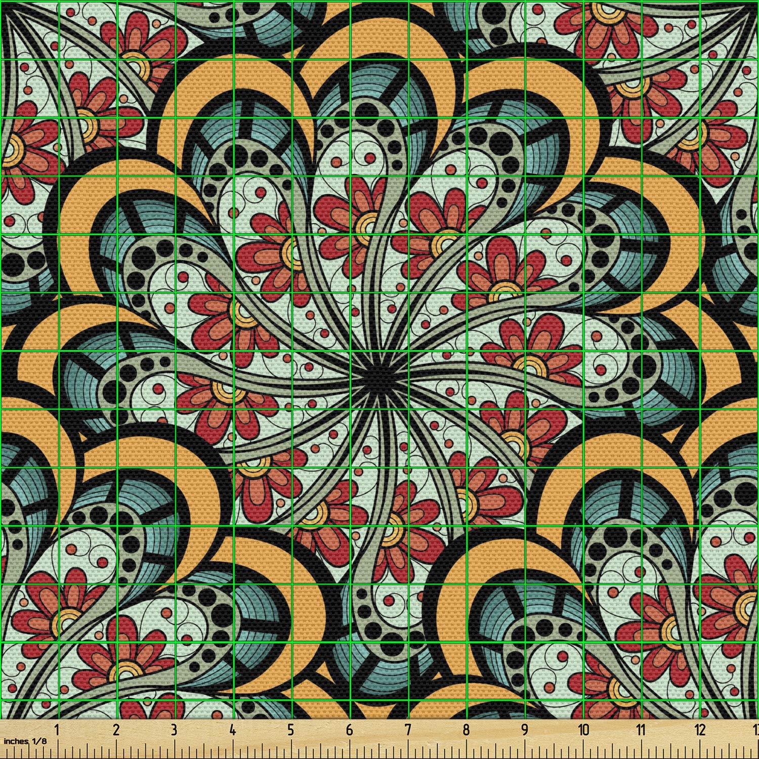 Ambesonne Mandala Fabric by The Yard, Flourishing Nature Design with Paisley Motif Bohemian Pattern, Decorative Fabric for Upholstery and Home Accents, 1 Yard, Marigold Seafoam