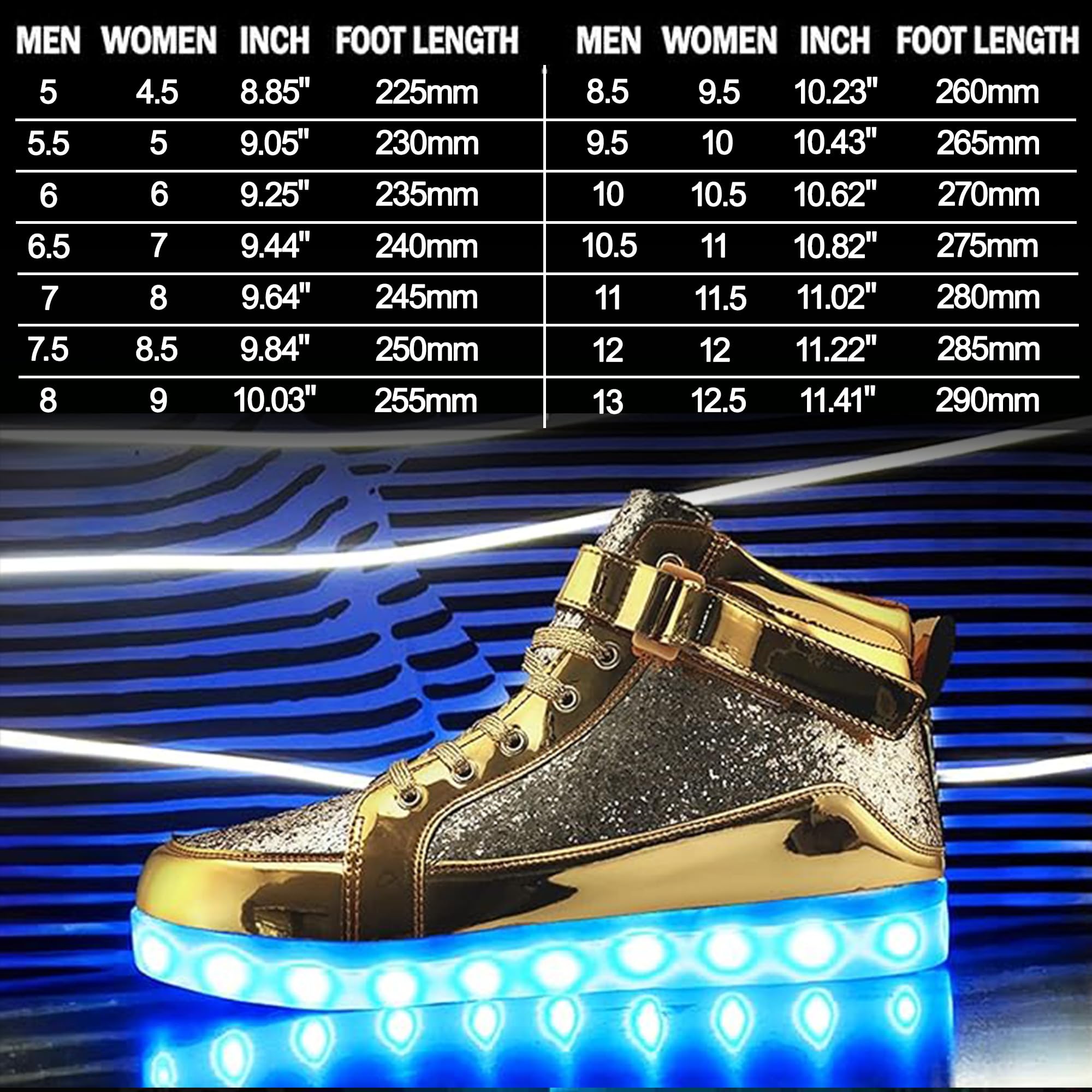 IGxx LED Light Up Shoes for Men USB Recharging High Top LED Sneakers Women Kids Glitter Gold