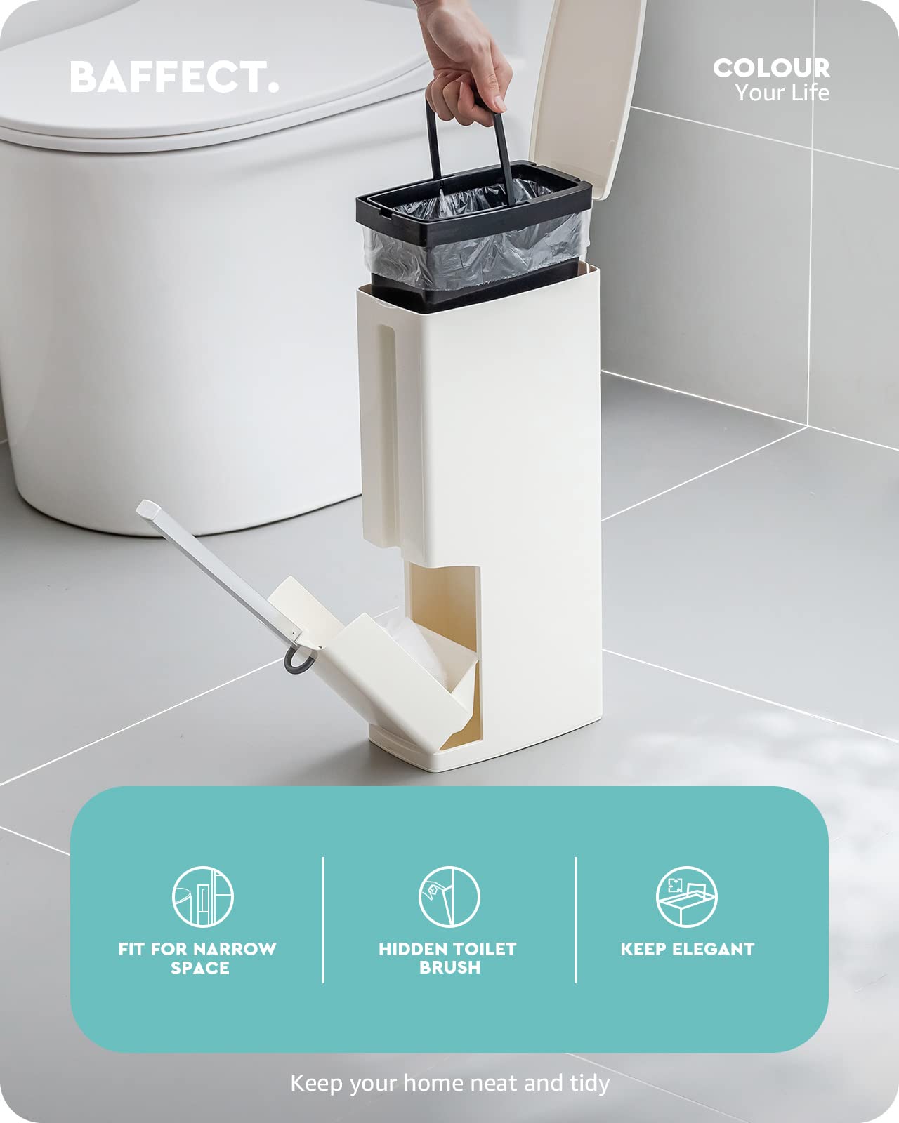 Baffect 2 Liter White Slim Bathroom Trash Can with Lid and Toilet Brush Holder
