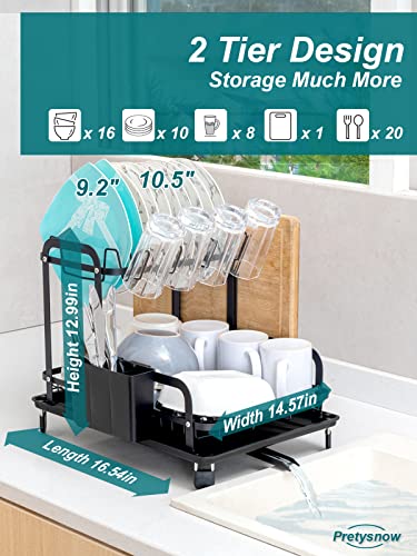 pretysnow Dish Drying Rack with Drainboard - 2 Tier Dish Racks for Kitchen Counter, Large Dishes Drainer with Auto Drainage, Carbon Steel Disk Strainer Set, Black