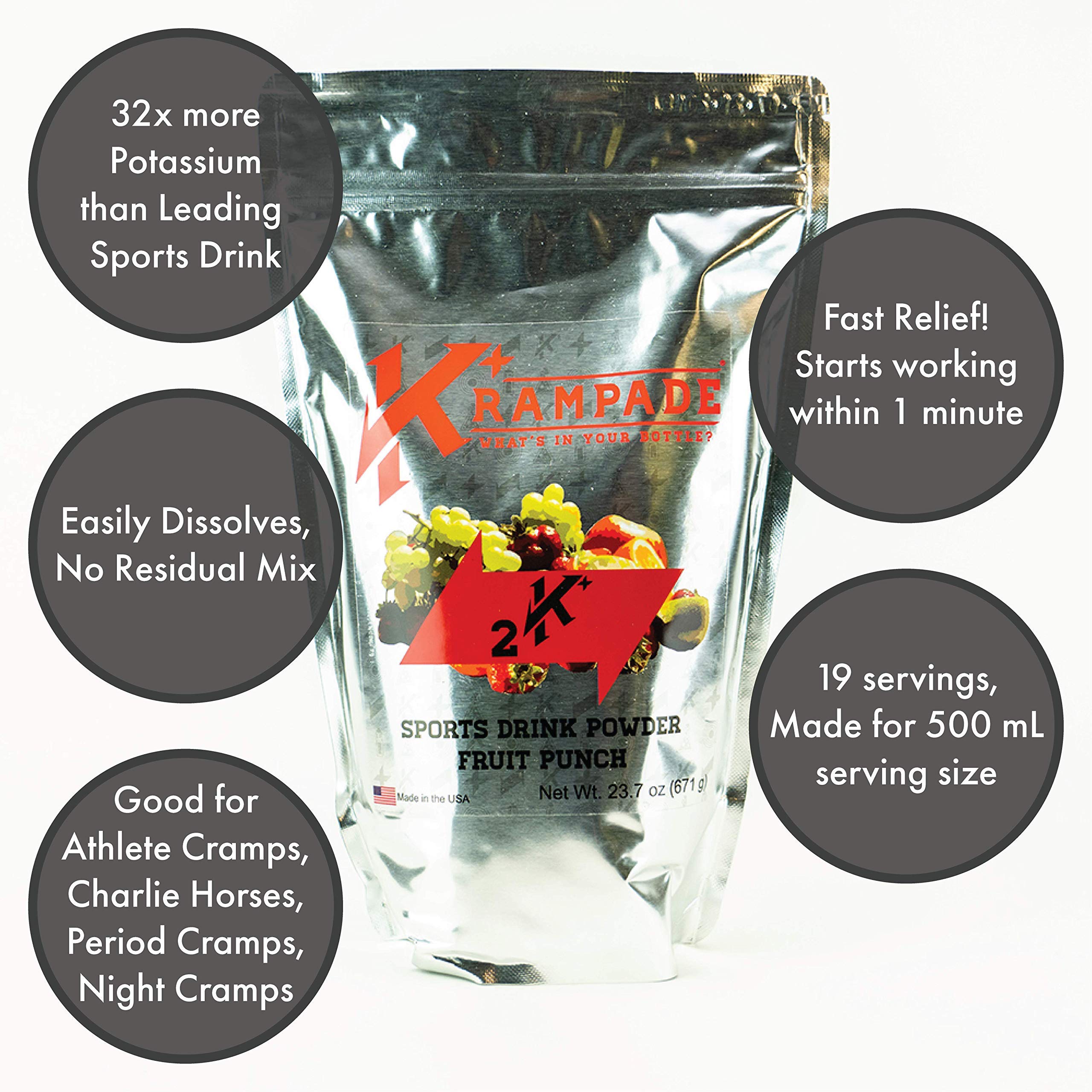 Krampade Electrolytes Powder Potassium Supplement - 2000 mg K+, >2X More Than Coconut Water | Cramp Relief and Prevention | Hydration Powder