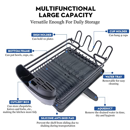HIUHOME Dish Drying Rack with Drainboard,Rustproof Dish Racks for Kitchen Counter,Dish Drainer with Adjustable Spout (Black)