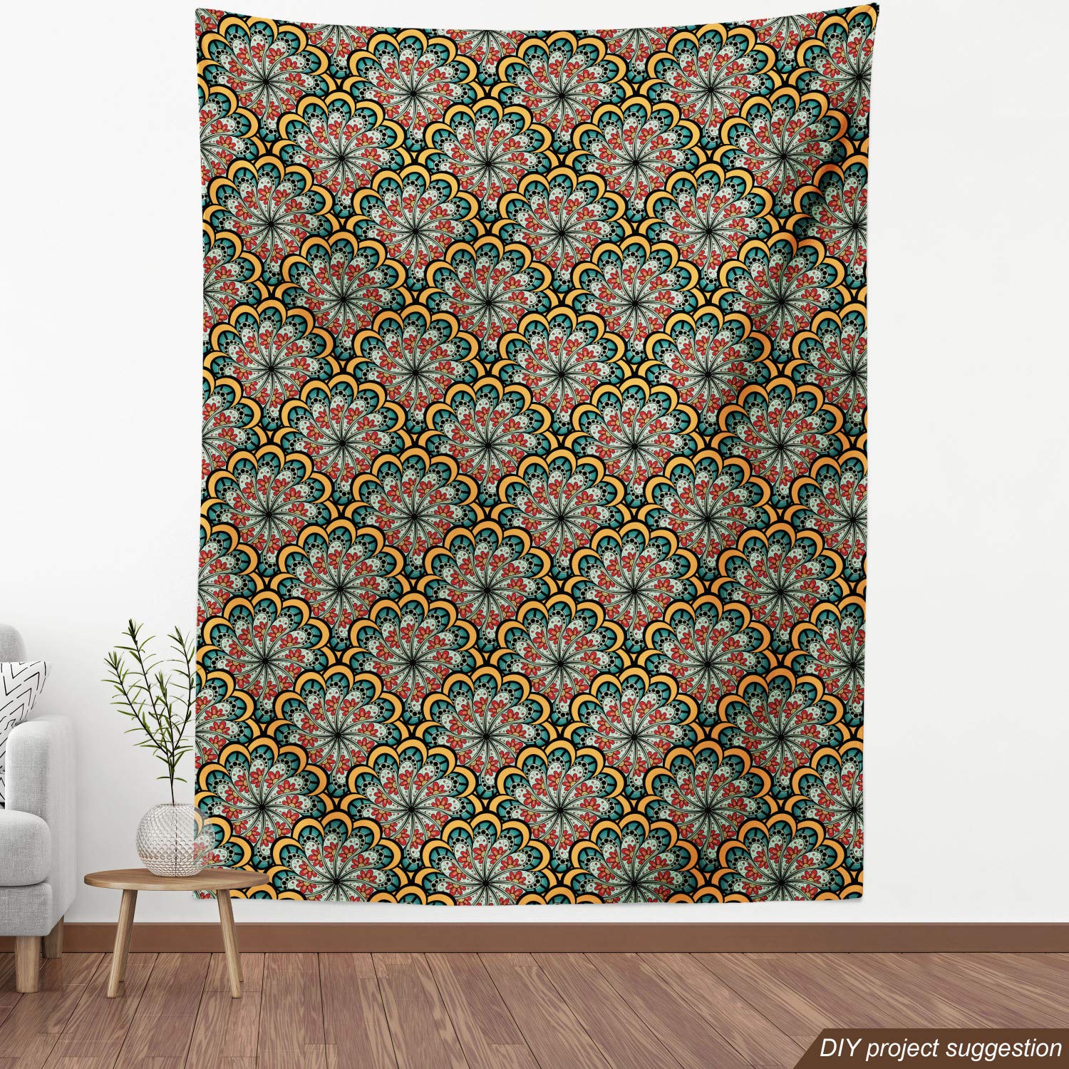 Ambesonne Mandala Fabric by The Yard, Flourishing Nature Design with Paisley Motif Bohemian Pattern, Decorative Fabric for Upholstery and Home Accents, 1 Yard, Marigold Seafoam