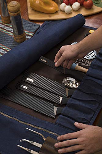 Asaya Waxed Canvas Knife Roll - 15 Knife Slots, Card Holder and Large Zippered Pocket - Genuine Leather, Cloth and Brass Buckles - for Chefs and Culinary Students - Knives Not Included