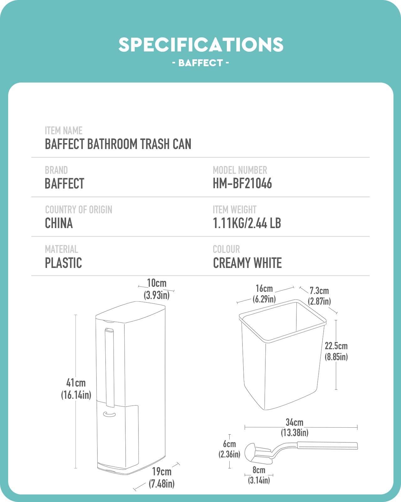 Baffect 2 Liter White Slim Bathroom Trash Can with Lid and Toilet Brush Holder