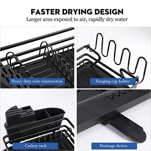 HIUHOME Dish Drying Rack with Drainboard,Rustproof Dish Racks for Kitchen Counter,Dish Drainer with Adjustable Spout (Black)