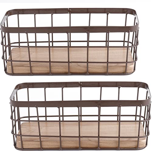 Dicunoy Set of 2 Small Wire Baskets, Narrow Rustic Storage Bin, Farmhouse Rectangle Bathroom Counter Organizer Tray for Kitchen Countertop, Pantry, RV, School Classrooms, Office Decorative