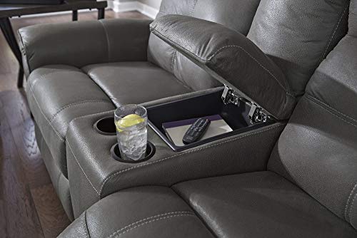 Signature Design by Ashley Jesolo Modern Faux Suede Double Reclining Loveseat with Center Console, Dark Gray