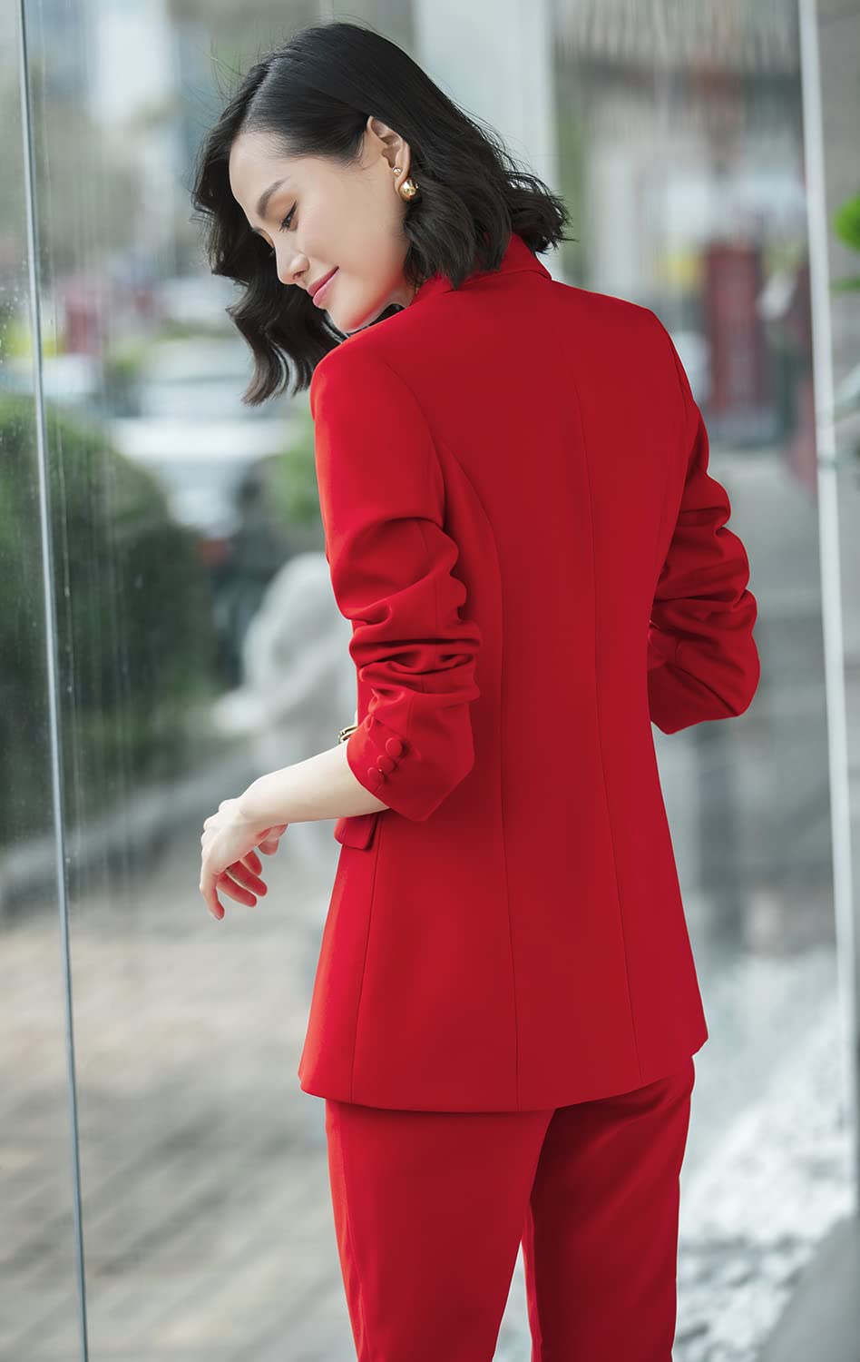 LISUEYNE Women’s Two Pieces Blazer Office Lady Suit Set Work Blazer Jacket and Pant (Red, Medium)