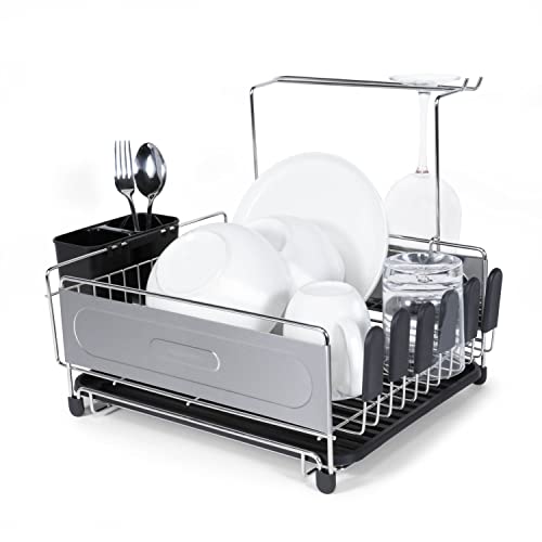 happimess DSH1000A Compact 17.25" Fingerprint-Proof Stainless Steel Dish Drying Rack, Dish Rack with Wine Glass Holder, Utensil Holder, Stainless Steel/Black, Silver/Black