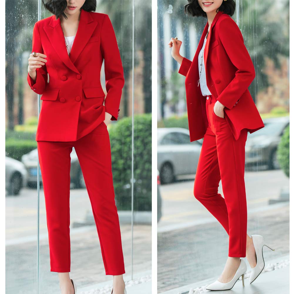 LISUEYNE Women’s Two Pieces Blazer Office Lady Suit Set Work Blazer Jacket and Pant (Red, Medium)