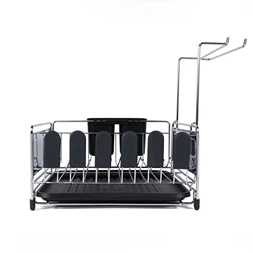 happimess DSH1000A Compact 17.25" Fingerprint-Proof Stainless Steel Dish Drying Rack, Dish Rack with Wine Glass Holder, Utensil Holder, Stainless Steel/Black, Silver/Black