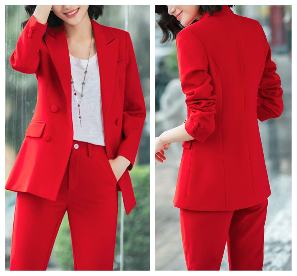 LISUEYNE Women’s Two Pieces Blazer Office Lady Suit Set Work Blazer Jacket and Pant (Red, Medium)