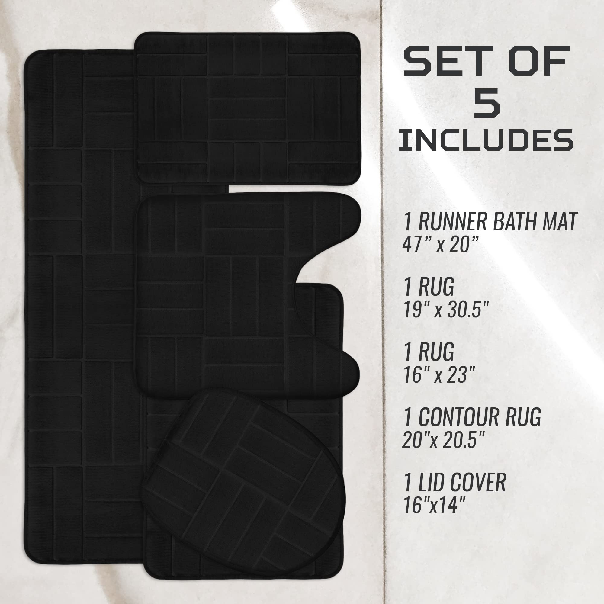 Effiliv Bathroom Rug Set 5 Piece - Memory Foam Bathroom Mat Set, Soft and Comfortable, Non-Slip Thick Absorbent Bath Mats, Machine Washable, Black