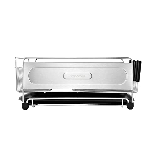 happimess DSH1000A Compact 17.25" Fingerprint-Proof Stainless Steel Dish Drying Rack, Dish Rack with Wine Glass Holder, Utensil Holder, Stainless Steel/Black, Silver/Black