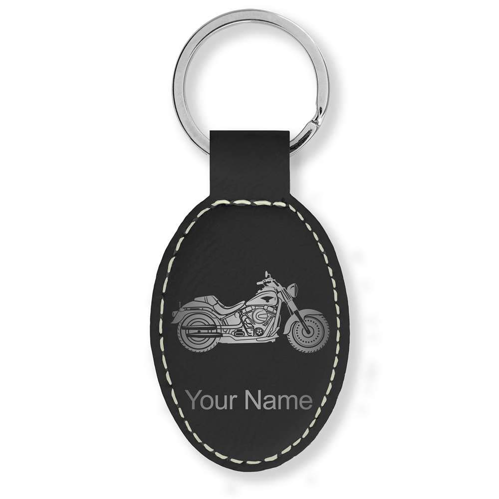 LaserGram Oval Keychain, Motorcycle, Personalized Engraving Included (Black with Silver)