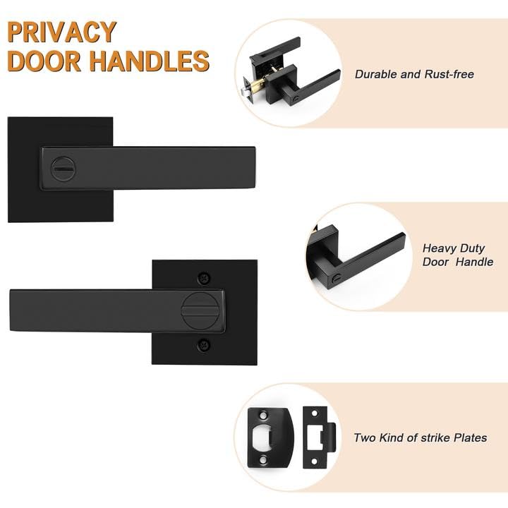 Probrico 6 Pack Matte Black Door Handles Heavy Duty Flat Square Privacy Interior Door Levers for Bedroom & Bathroom, Keyless Interior Handles for Left &Right Handled Doors