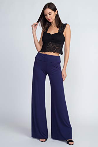 YELETE Women's Fashion Colorful Printed High Waist Fold Over Wide Leg Palazzo Pants (Large, Navy)