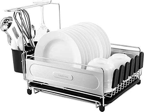 happimess DSH1000A Compact 17.25" Fingerprint-Proof Stainless Steel Dish Drying Rack, Dish Rack with Wine Glass Holder, Utensil Holder, Stainless Steel/Black, Silver/Black