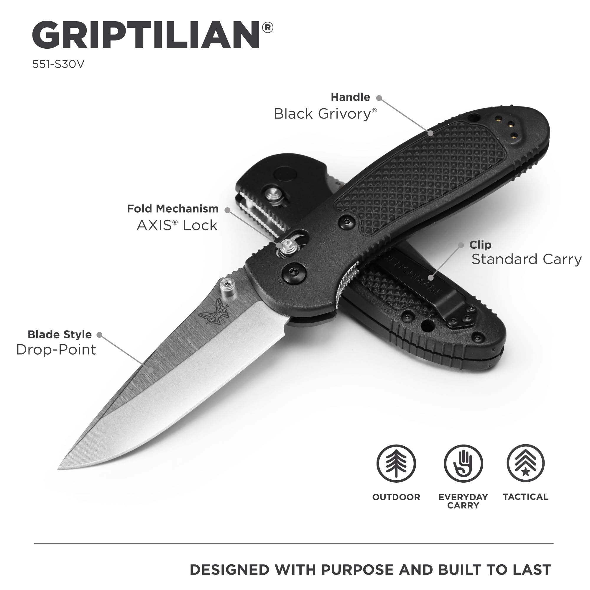 Benchmade - Griptilian 551-S30V EDC Knife with Black Handle (551-S30V)
