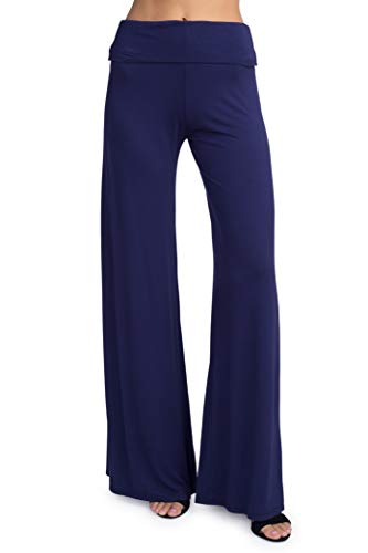 YELETE Women's Fashion Colorful Printed High Waist Fold Over Wide Leg Palazzo Pants (Large, Navy)