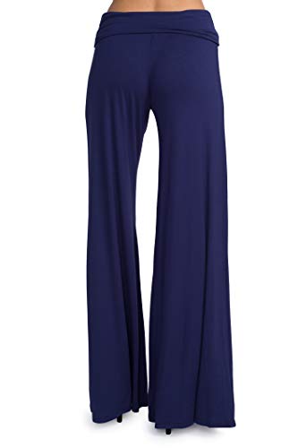 YELETE Women's Fashion Colorful Printed High Waist Fold Over Wide Leg Palazzo Pants (Large, Navy)