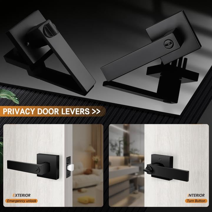 Probrico 6 Pack Matte Black Door Handles Heavy Duty Flat Square Privacy Interior Door Levers for Bedroom & Bathroom, Keyless Interior Handles for Left &Right Handled Doors
