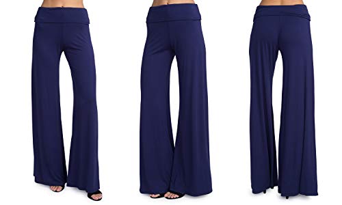 YELETE Women's Fashion Colorful Printed High Waist Fold Over Wide Leg Palazzo Pants (Large, Navy)