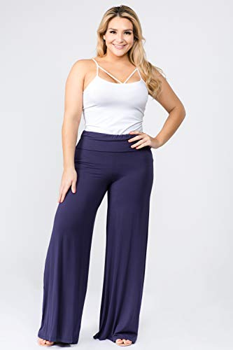 YELETE Women's Fashion Colorful Printed High Waist Fold Over Wide Leg Palazzo Pants (Large, Navy)