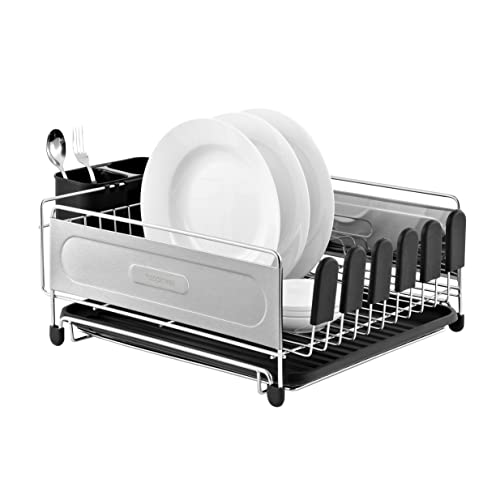 happimess DSH1000A Compact 17.25" Fingerprint-Proof Stainless Steel Dish Drying Rack, Dish Rack with Wine Glass Holder, Utensil Holder, Stainless Steel/Black, Silver/Black