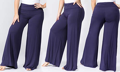 YELETE Women's Fashion Colorful Printed High Waist Fold Over Wide Leg Palazzo Pants (Large, Navy)