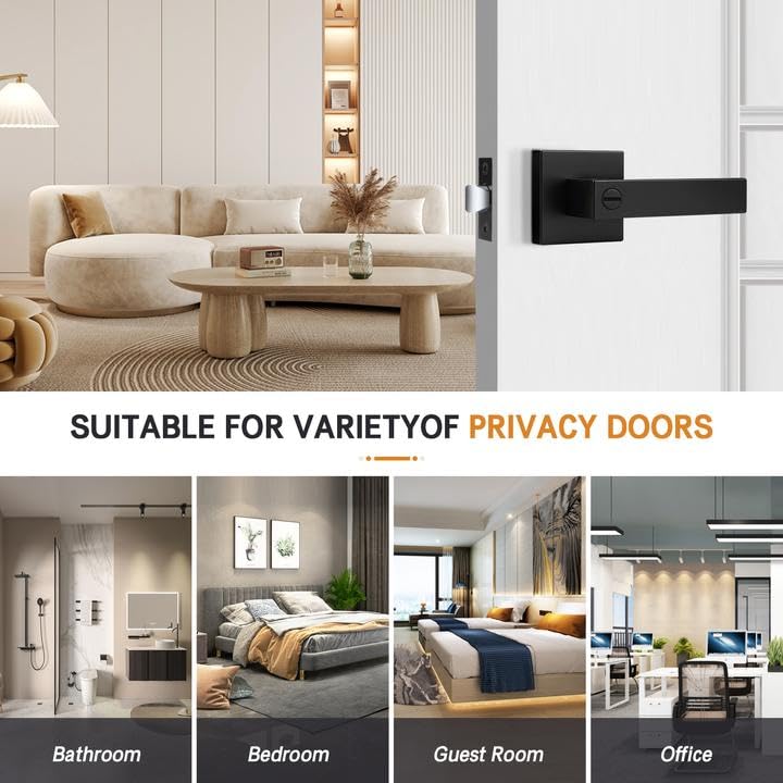 Probrico 6 Pack Matte Black Door Handles Heavy Duty Flat Square Privacy Interior Door Levers for Bedroom & Bathroom, Keyless Interior Handles for Left &Right Handled Doors