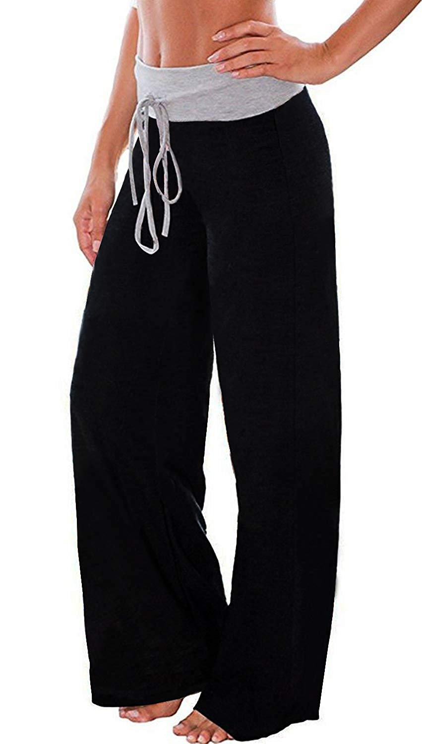 AMiERY Womens Pajamas Solid Juniors Wide Leg Palazzo High Waisted Jogger Pants Sleep Lounge Pants Black 2XL