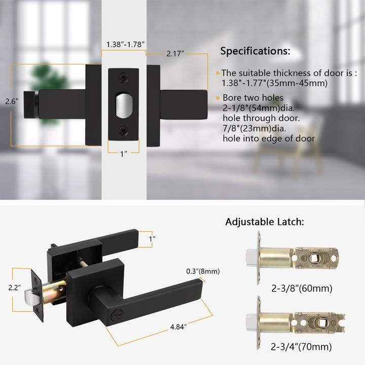 Probrico 6 Pack Matte Black Door Handles Heavy Duty Flat Square Privacy Interior Door Levers for Bedroom & Bathroom, Keyless Interior Handles for Left &Right Handled Doors