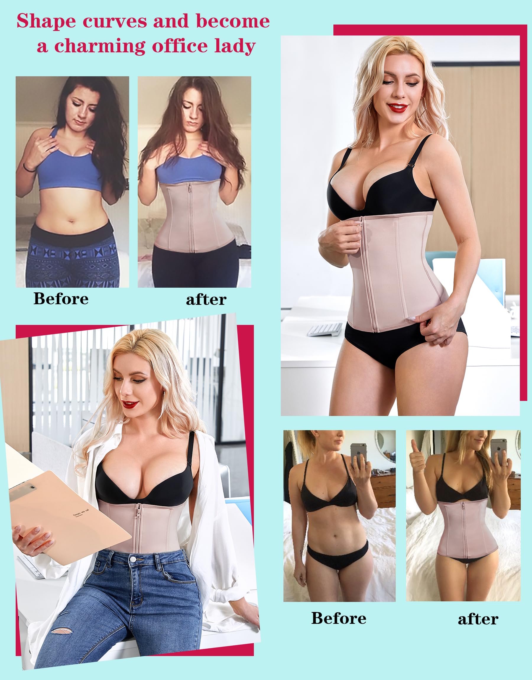 LODAY Waist Trainer Corset for Women Tummy Control Sport Workout Body Shaper Beige (XS, Beige(Zip and Hooks))