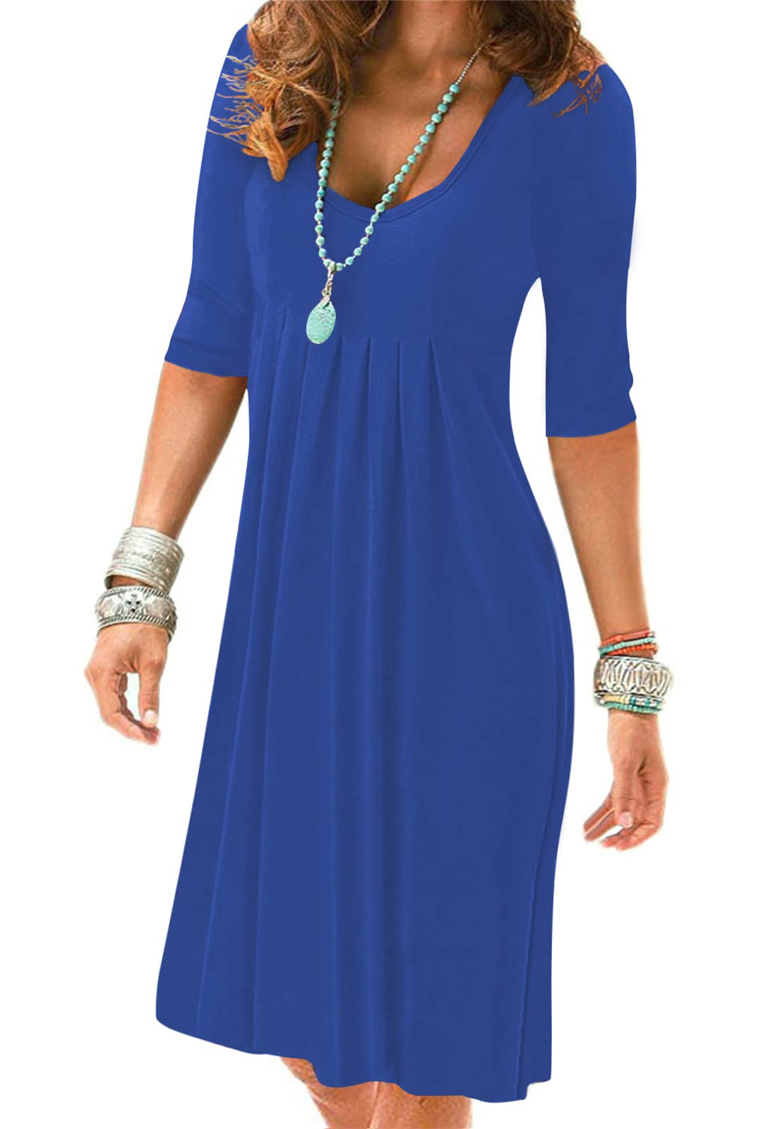 Summer Casual Royal Blue Empire Waist Dresses for Women 2025 Trendy Ladies Spring Cute 1/2 Half Sleeve Scoop Neck Work Vacation Modest Elegant Knee Length Tunic Dress L