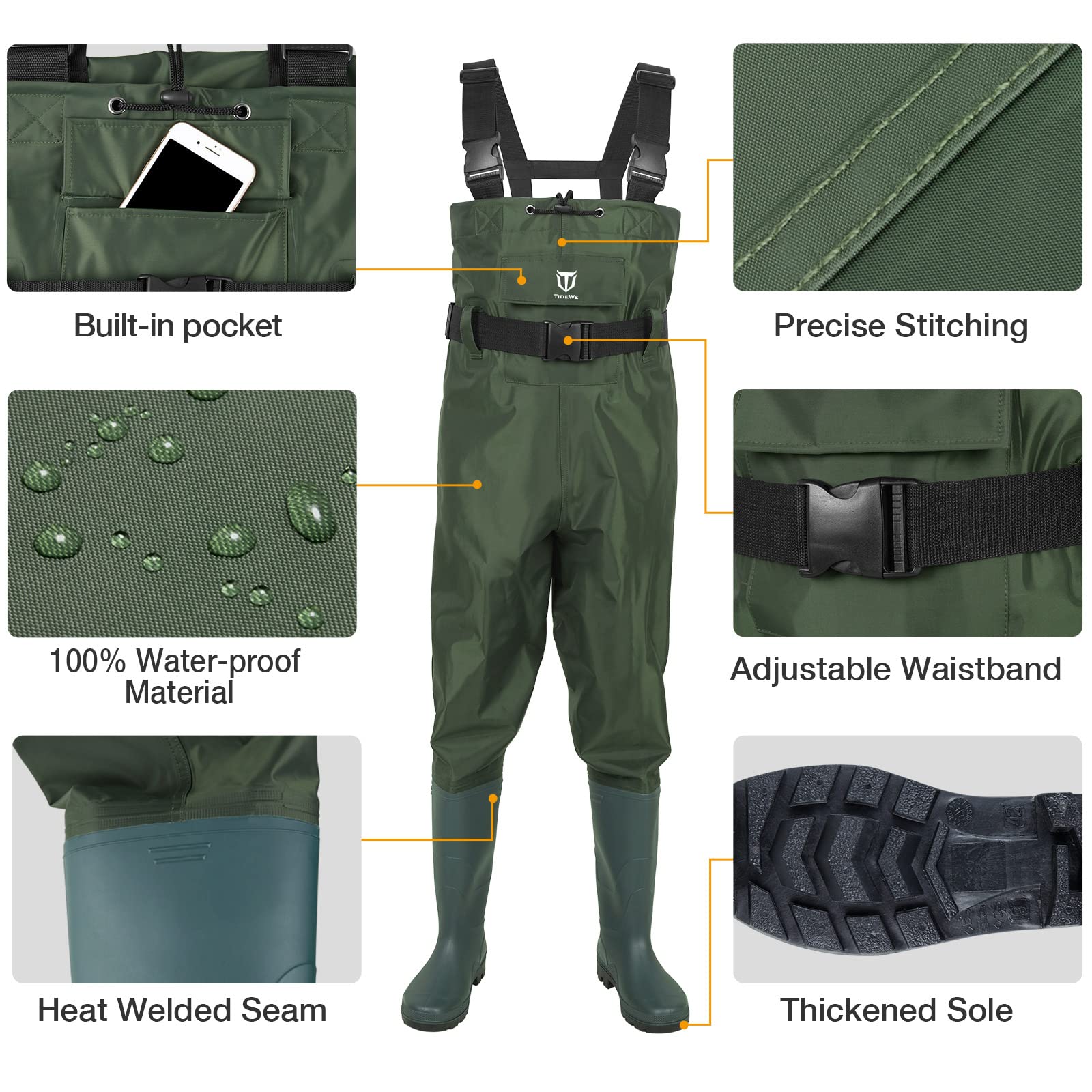 TIDEWE Bootfoot Chest Wader, 2-Ply Nylon/PVC Waterproof Fishing & Hunting Waders with Boot Hanger for Men and Women Green Size 6