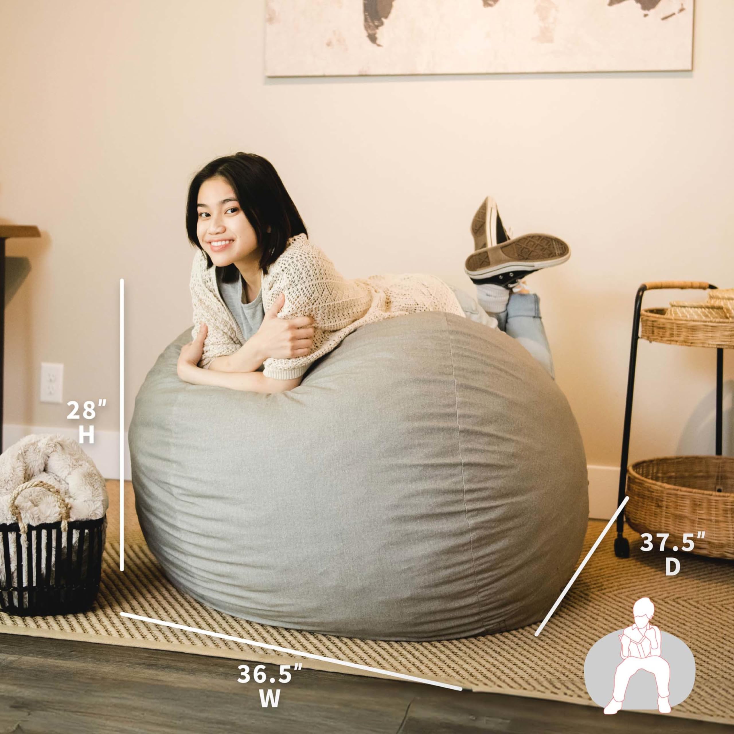 Big Joe Fuf Medium Foam Filled Bean Bag Chair with Removable Cover, Fog Lenox, Durable Woven Polyester, 3 feet Big